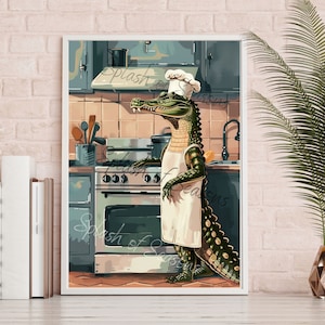 Alligator in the Kitchen Print, Gator Home Decor, Funny Kitchen Wall ...