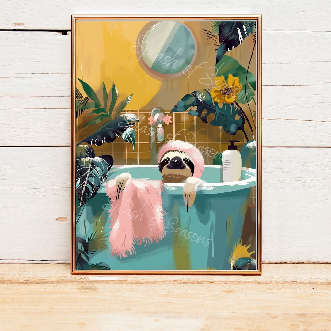 Sloth in Bathtub Bathroom Print, Tropical Jungle Home Decor, Funny ...