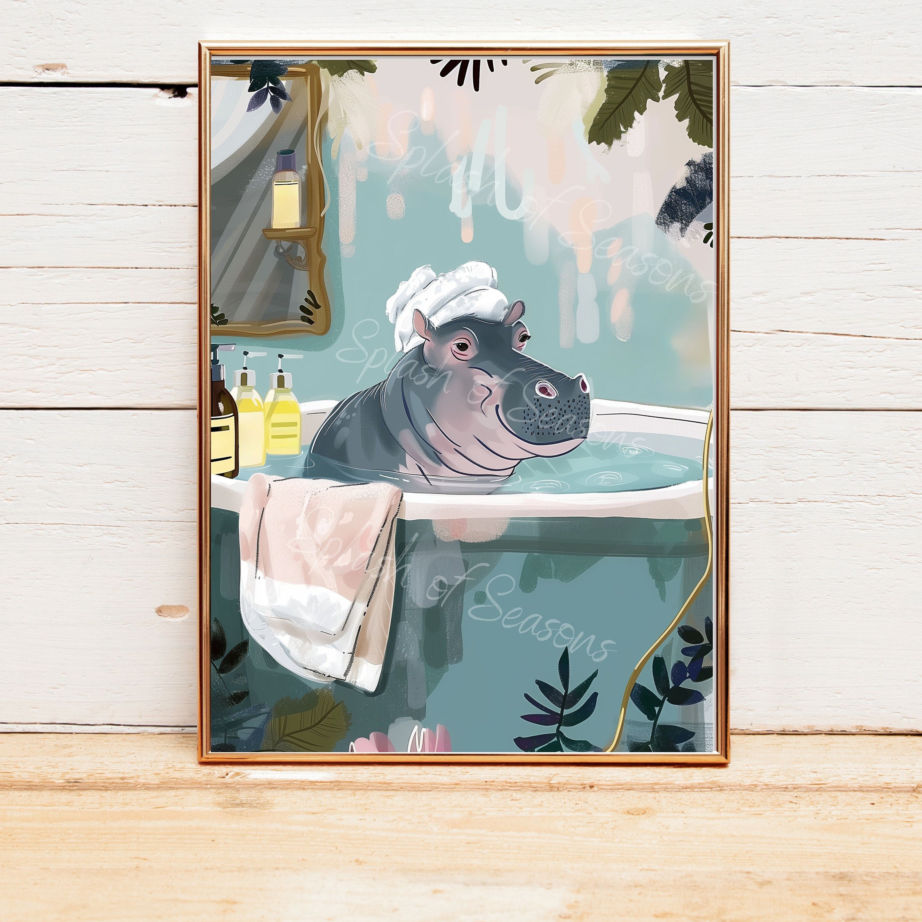 Hippo in Bathtub Bathroom Print, Tropical Home Decor, Funny Bathroom ...