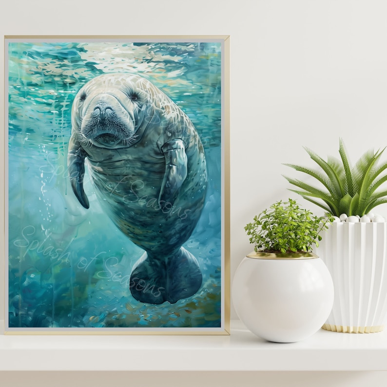 Manatee Swimming in the Water, Prints of A Manatee, Coastal Decor ...
