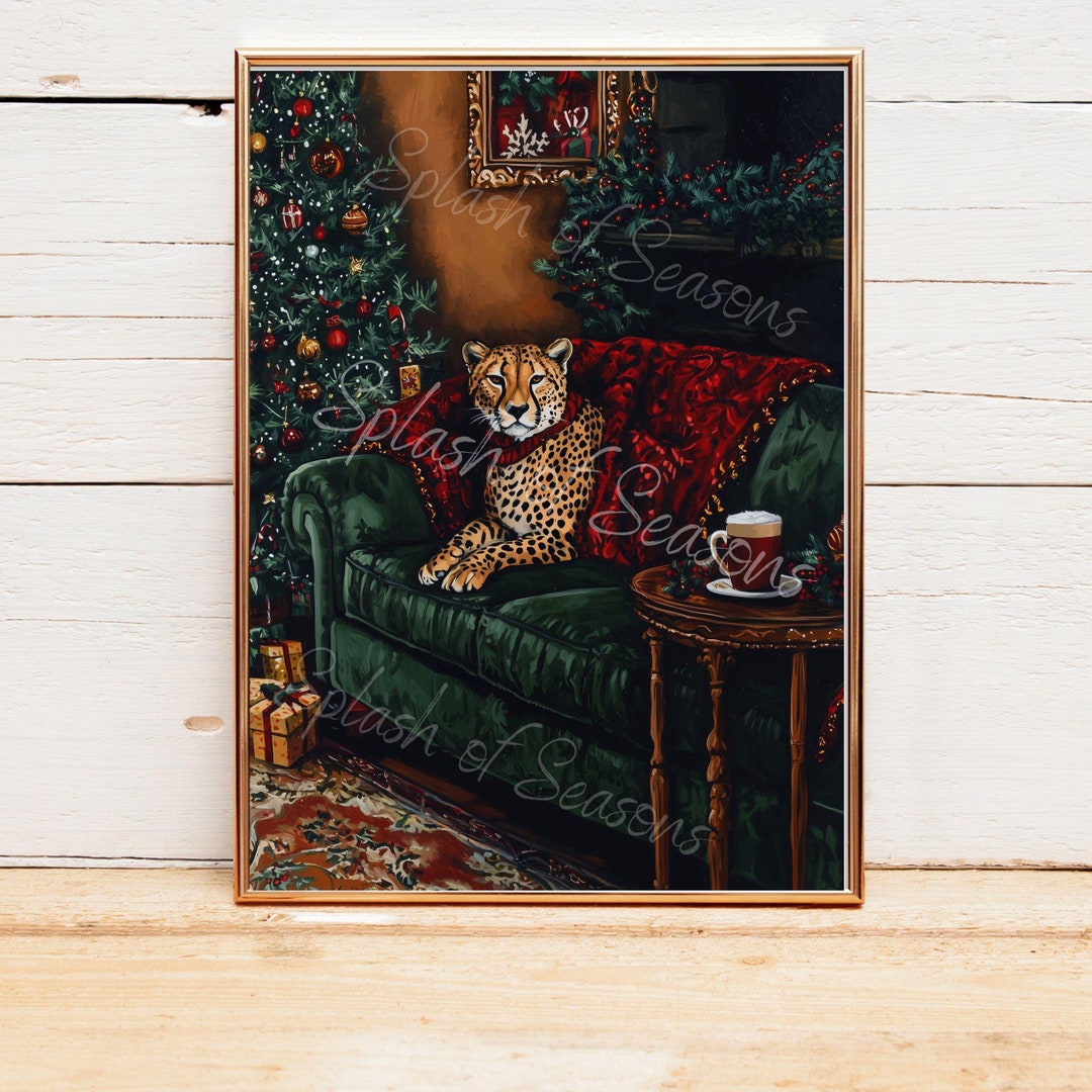 Cheetah by the Christmas Tree Print, Christmas Wall Art, Holiday Home ...