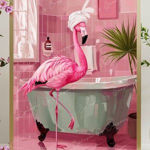 Flamingo in the Bathroom Wall Art Print, Tropical Home Decor ...