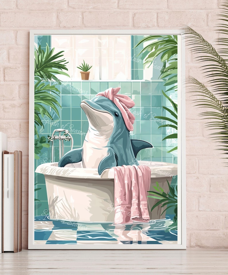 Dolphin in the Bathtub Wall Art Print, Ocean Lover Gifts, Tropical Home ...