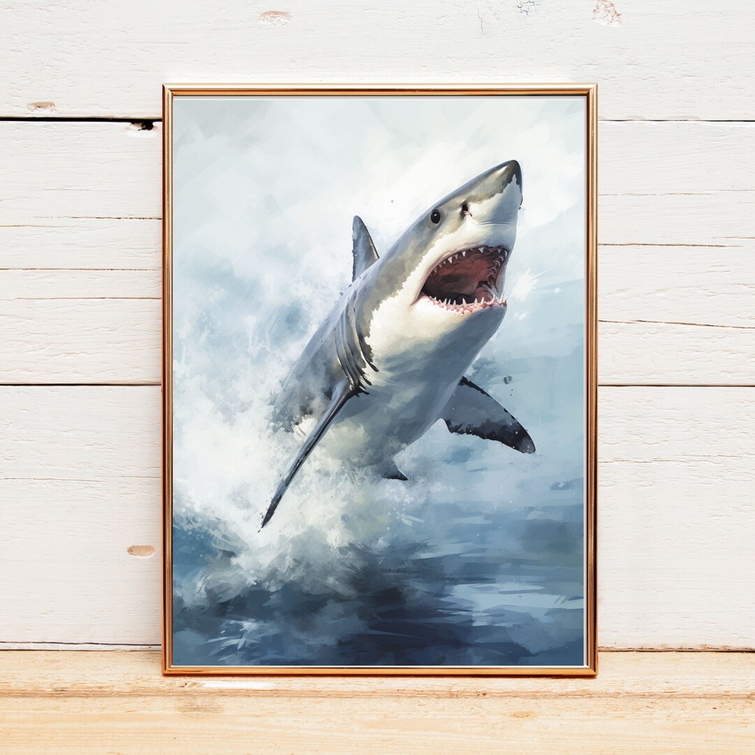 Breaching Shark, Great White Shark Print, Shark Decor, Ocean Print ...