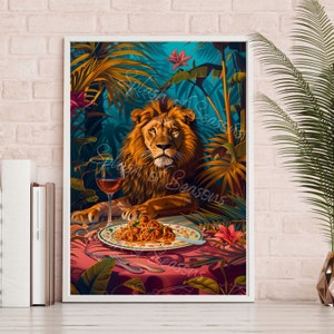 Lion Eating Spaghetti Wall Art Print, Dining Room Decor, Safari Animal ...