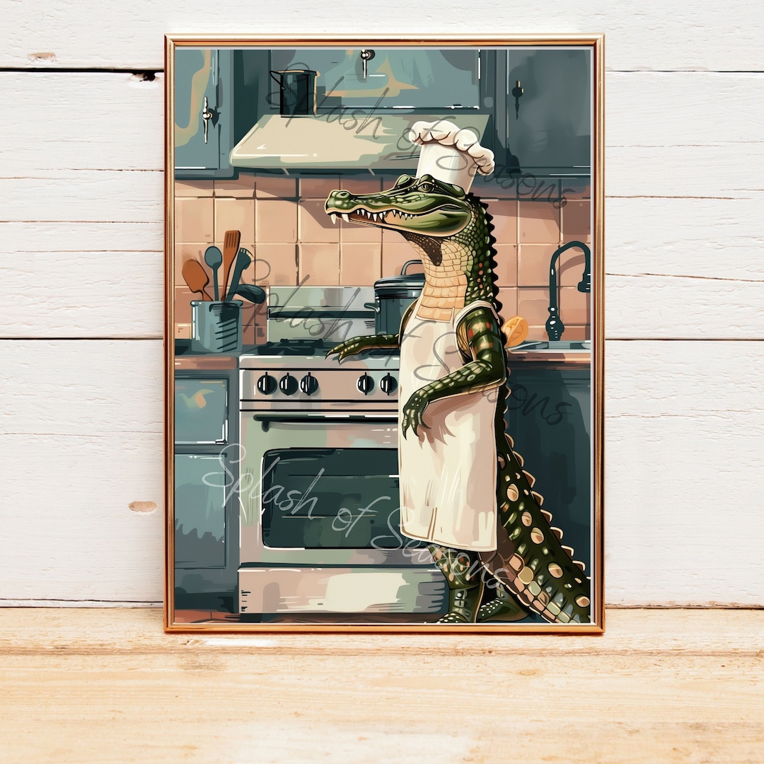 Alligator in the Kitchen Print, Gator Home Decor, Funny Kitchen Wall ...
