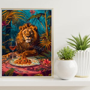 Lion Eating Spaghetti Wall Art Print, Dining Room Decor, Safari Animal ...