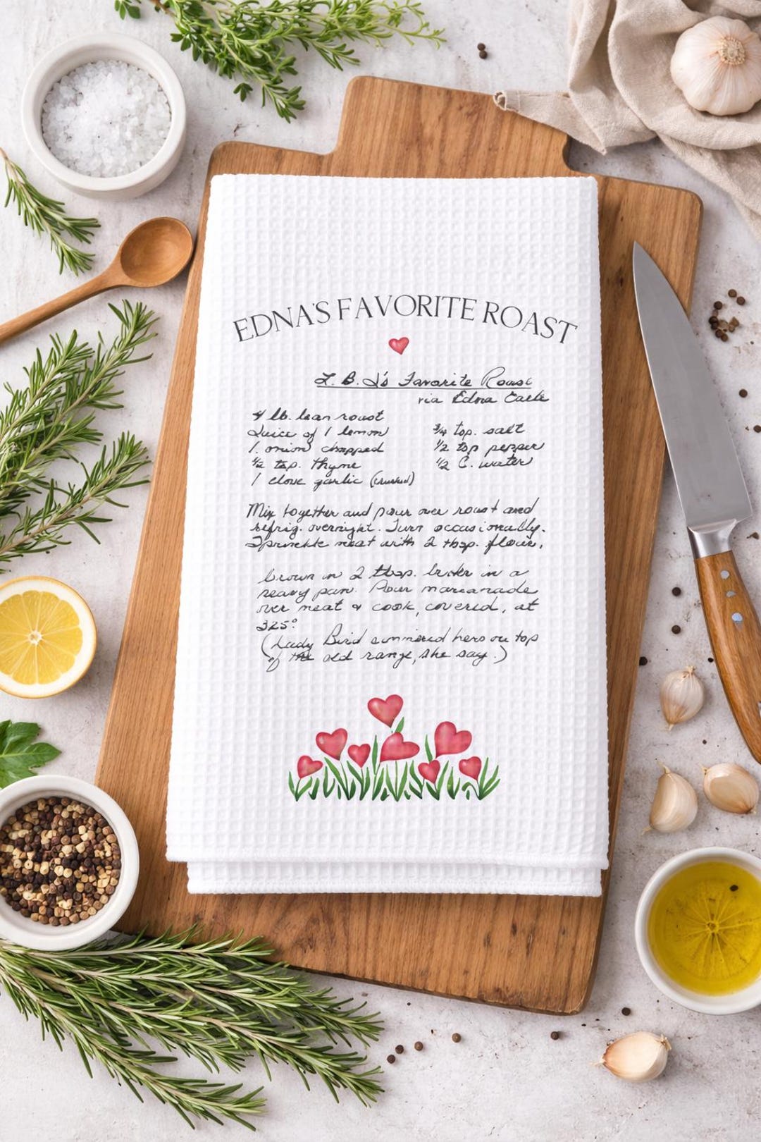 Decorated Handwritten Recipe Tea Towel With Hearts, Personalized Recipe ...