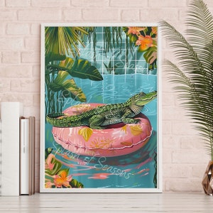 Alligator on A Pool Float, Maximalist Wall Art, Florida Print, Gator ...