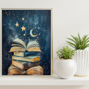 Books in the Stars, Reading Nook Print, Fantasy Print, Cozy Home Decor ...