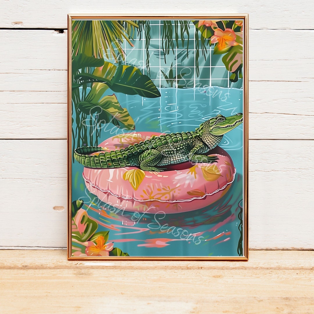 Alligator on A Pool Float, Maximalist Wall Art, Florida Print, Gator ...