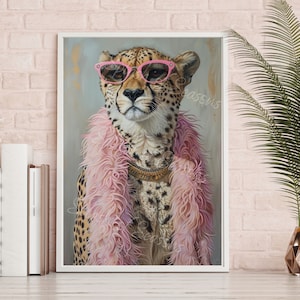 Cheetah in A Pink Feather Boa Wall Art Print, Girly Home Decor, Funny ...