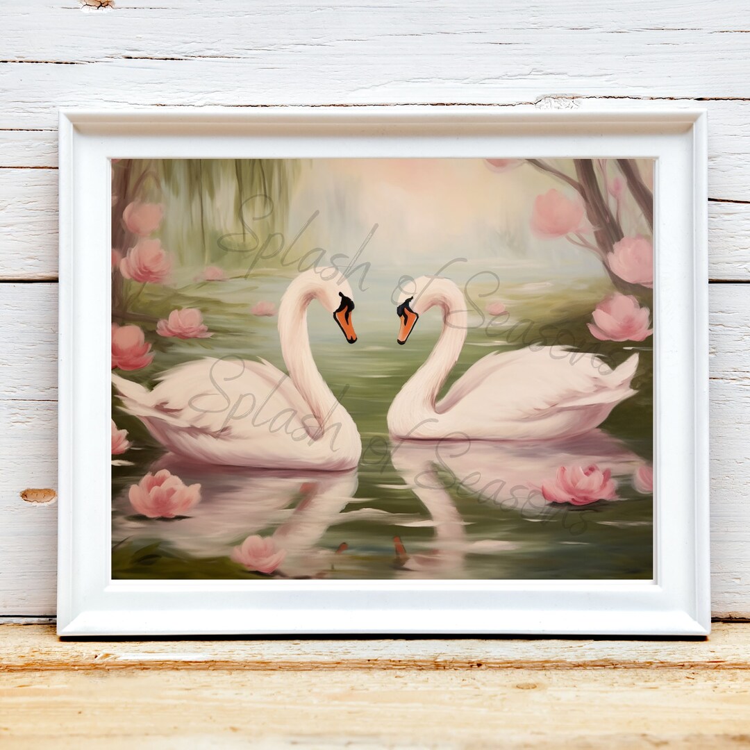Swan Print, Pink Wall Art, Swans in the Pond, Girly Office Painting ...