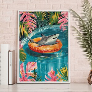 Shark on A Pool Float, Maximalist Wall Art, Ocean Lover Gifts, Funny ...