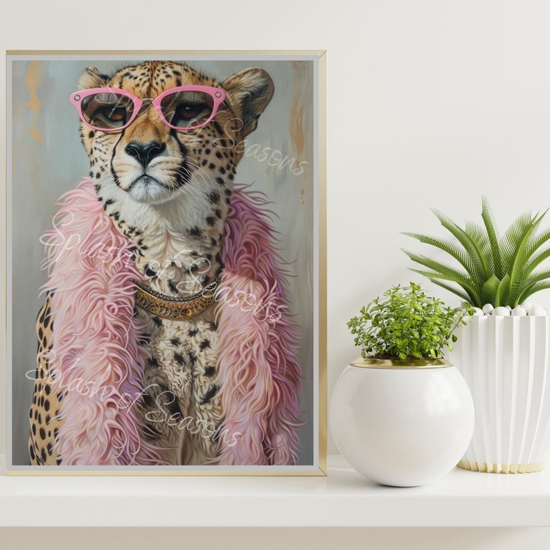 Cheetah in A Pink Feather Boa Wall Art Print, Girly Home Decor, Funny ...
