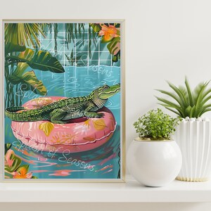 Alligator on A Pool Float, Maximalist Wall Art, Florida Print, Gator ...
