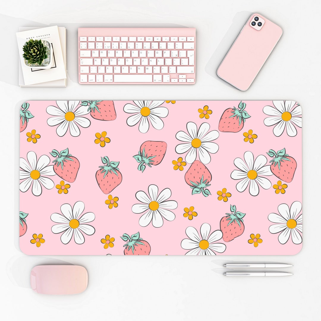 Strawberry Desk Mat, Pink Strawberry and Flower Design, Cute Desk Mat ...