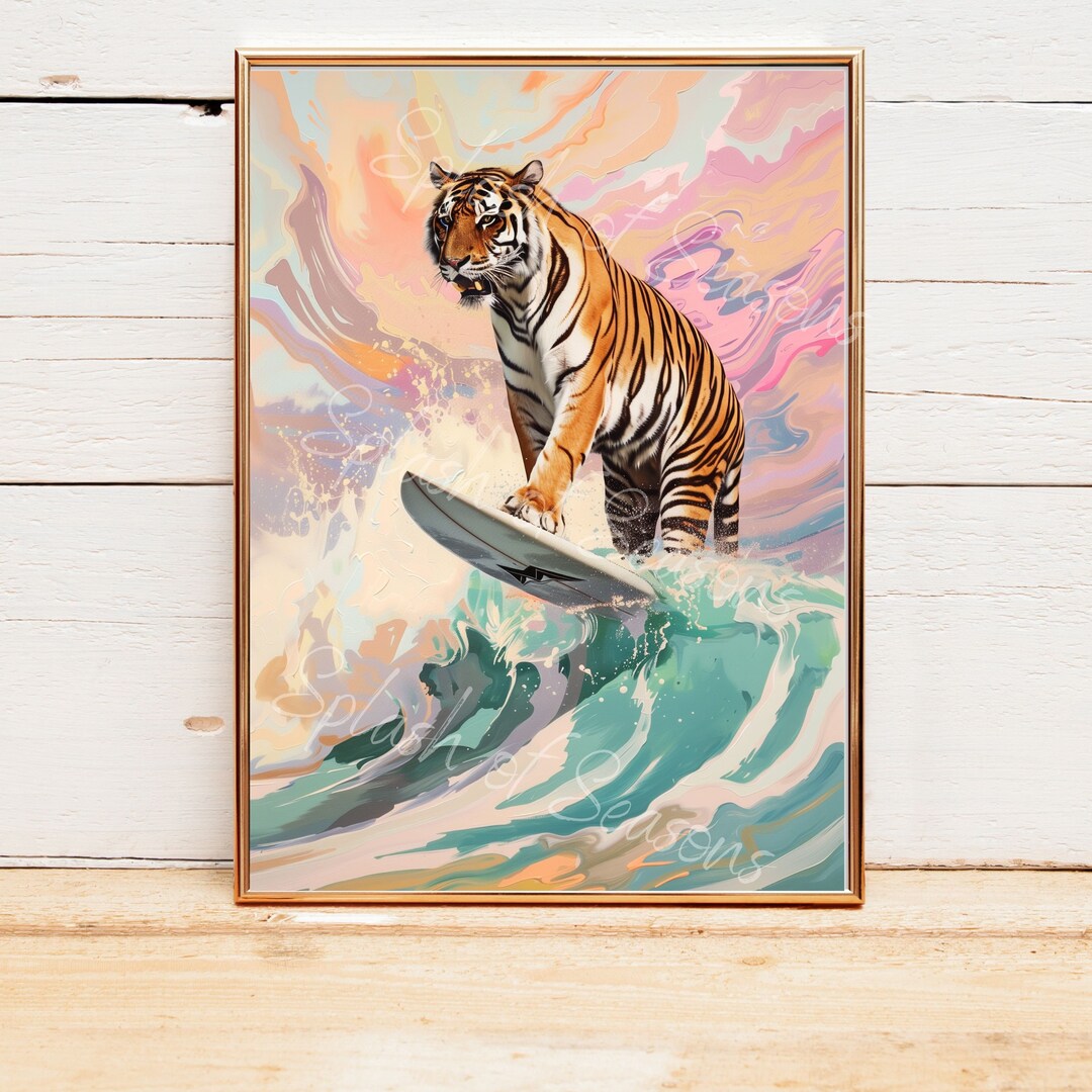 Tiger Surfing Print, Tropical Jungle Home Decor, Funny Bathroom Wall ...