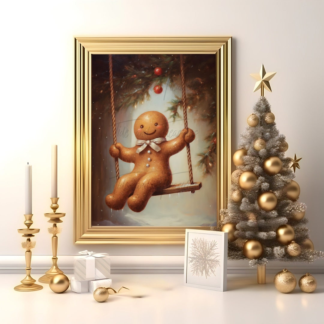 Gingerbread on A Swing, Cute Christmas Wall Decor, Holiday Decor ...