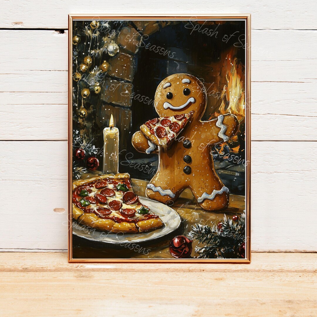 Gingerbread Eating Pizza, Christmas Wall Art Print Holiday Home Decor ...
