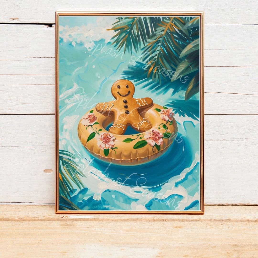 Gingerbread Man at the Pool, Summer Decor, Funny Christmas Wall Decor ...
