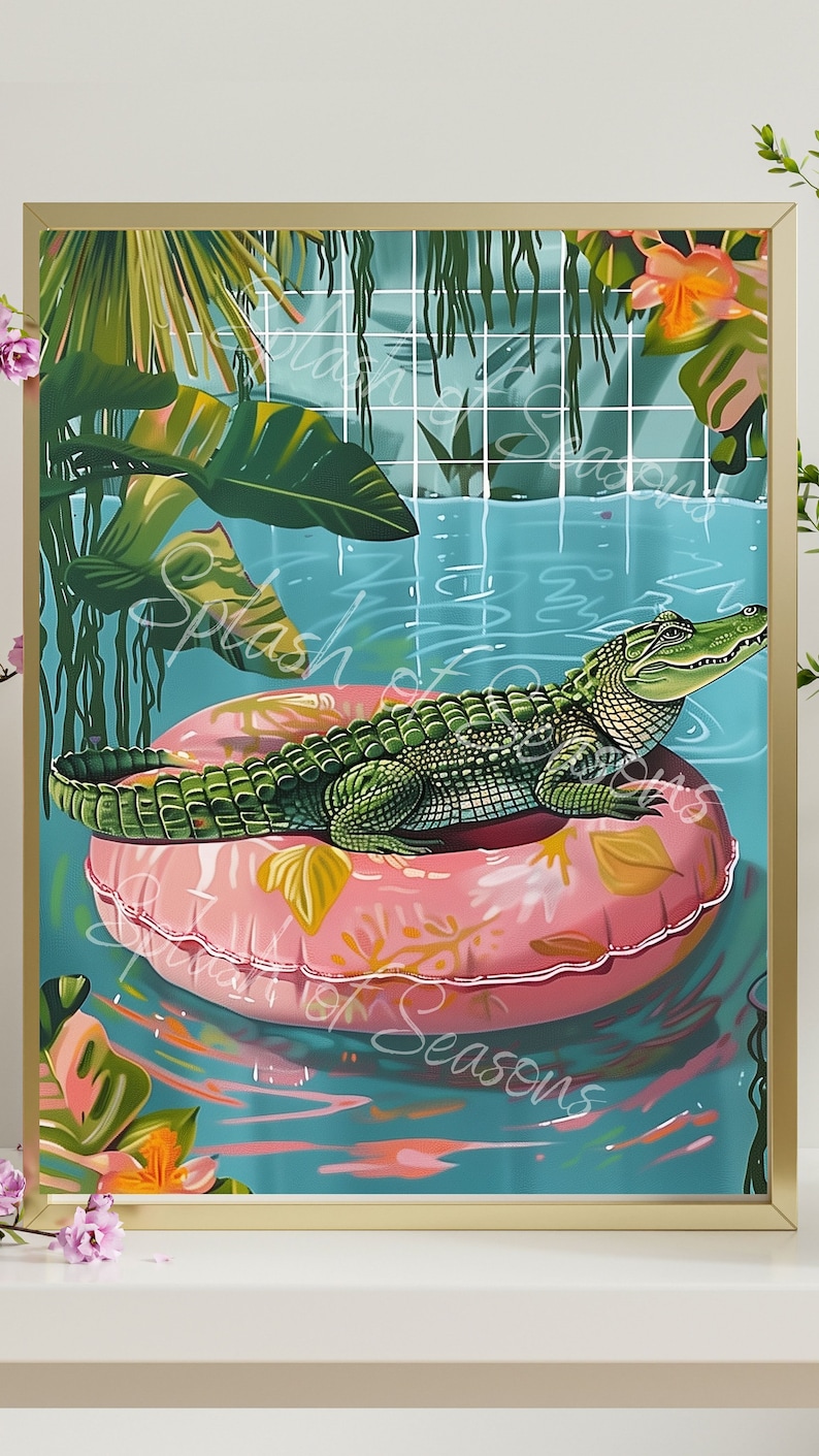 Alligator on A Pool Float, Maximalist Wall Art, Florida Print, Gator ...