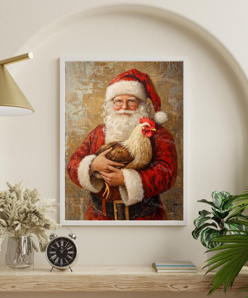 Santa Claus and A Christmas Chicken, Funny Vintage Christmas Wall Art ...