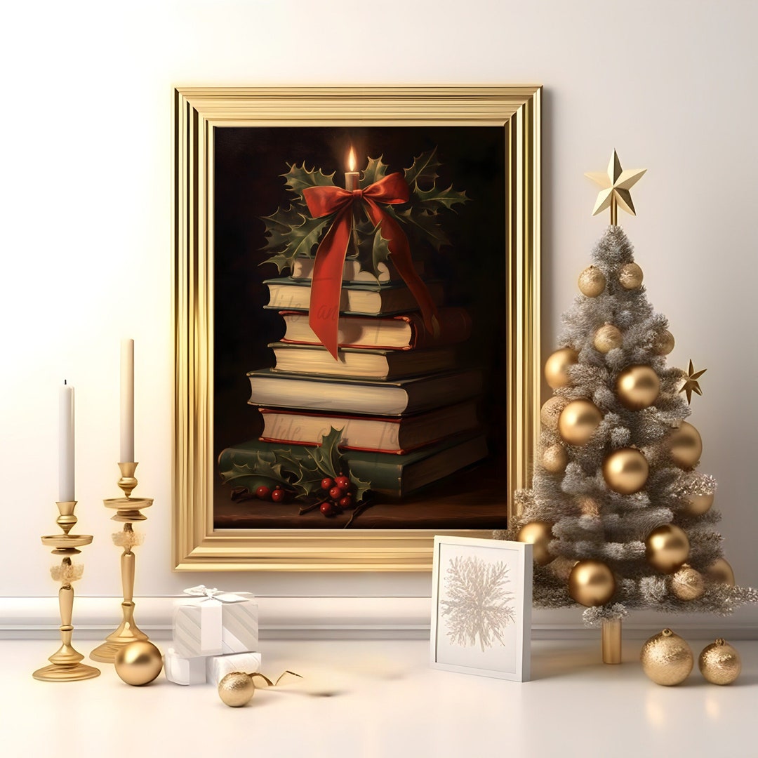 Christmas Books Print, Christmas Holly, Reading Lover Gift, Christmas ...