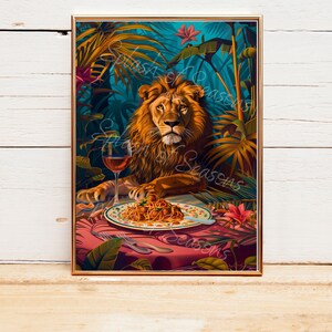 Lion Eating Spaghetti Wall Art Print, Dining Room Decor, Safari Animal ...