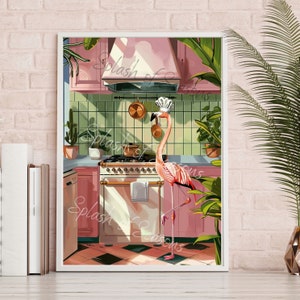 Flamingo in the Kitchen Print, Tropical Home Decor, Funny Kitchen Wall ...