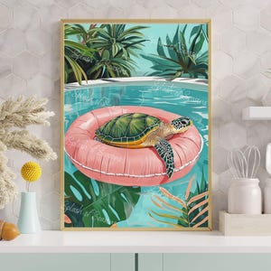 Sea Turtle on A Pool Float, Maximalist Wall Art, Ocean Lover Decor ...