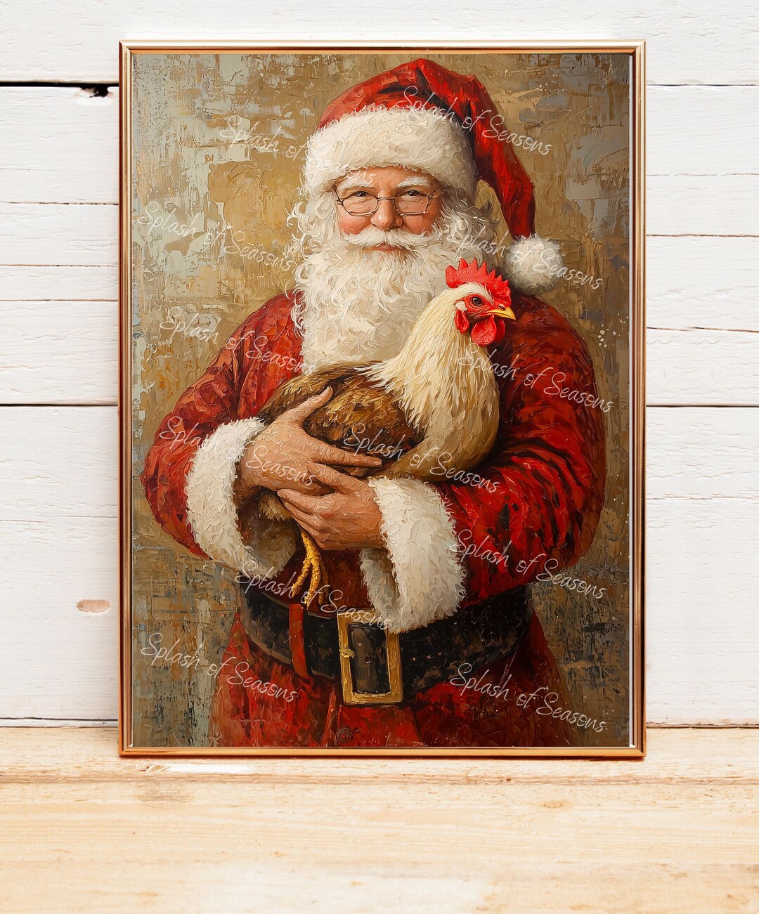 Santa Claus and A Christmas Chicken, Funny Vintage Christmas Wall Art ...