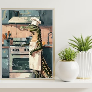 Alligator in the Kitchen Print, Gator Home Decor, Funny Kitchen Wall ...