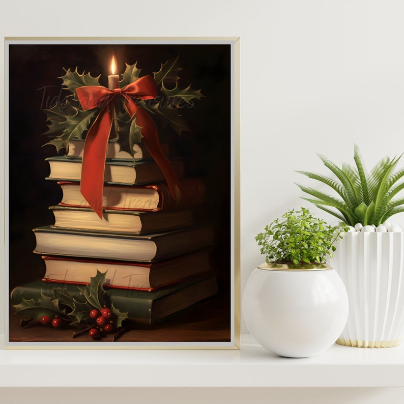 Christmas Books Print, Christmas Holly, Reading Lover Gift, Christmas ...