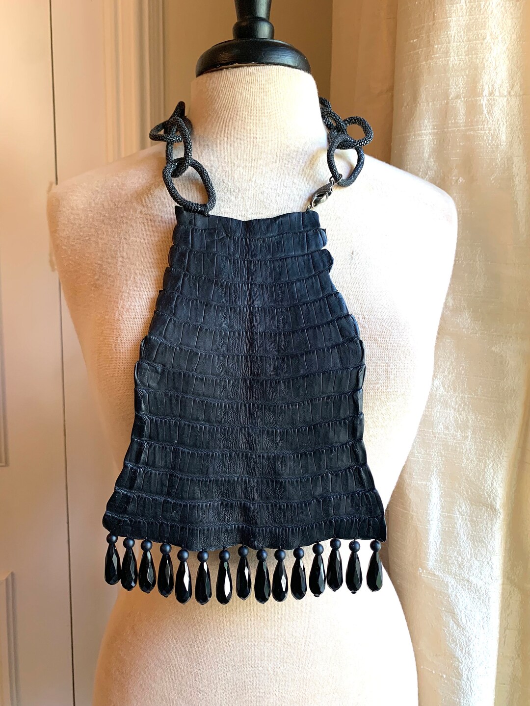 Sweet Olive Black Crocodile W Faceted Onyx Fringe on Shagreen Wrapped ...