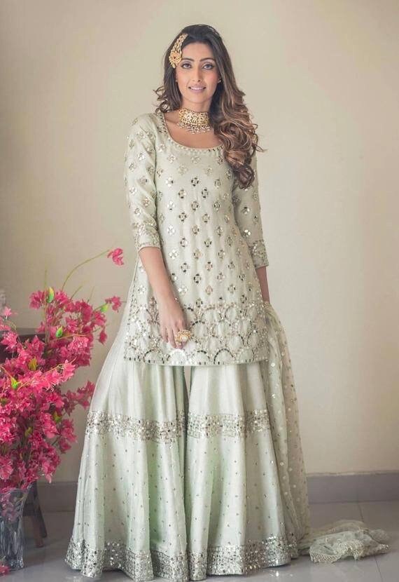 White Sharara and Kurta Pair With Dupptta Indian Dress for Women Gift ...