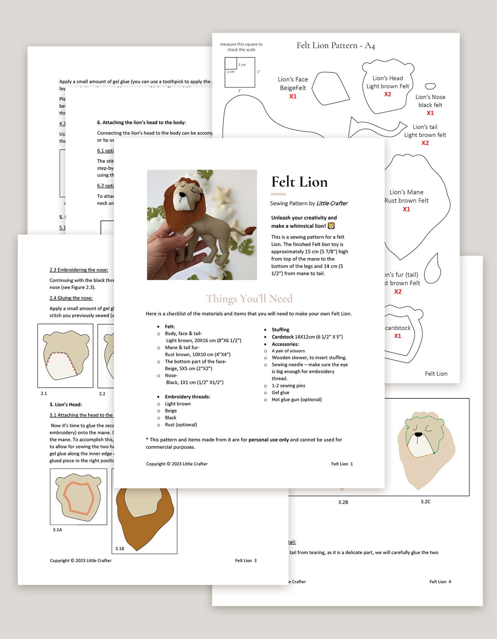 Lion Felt Pattern, Lion Felt PDF Pattern, Lion Felt Toy, Felt Lion SVG ...