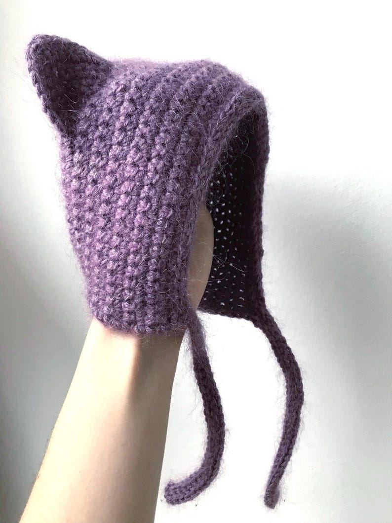 Fuzzy Mohair Cat Ear Bonnet Purple Crochet Balaclava Soft Cozy Merino ...
