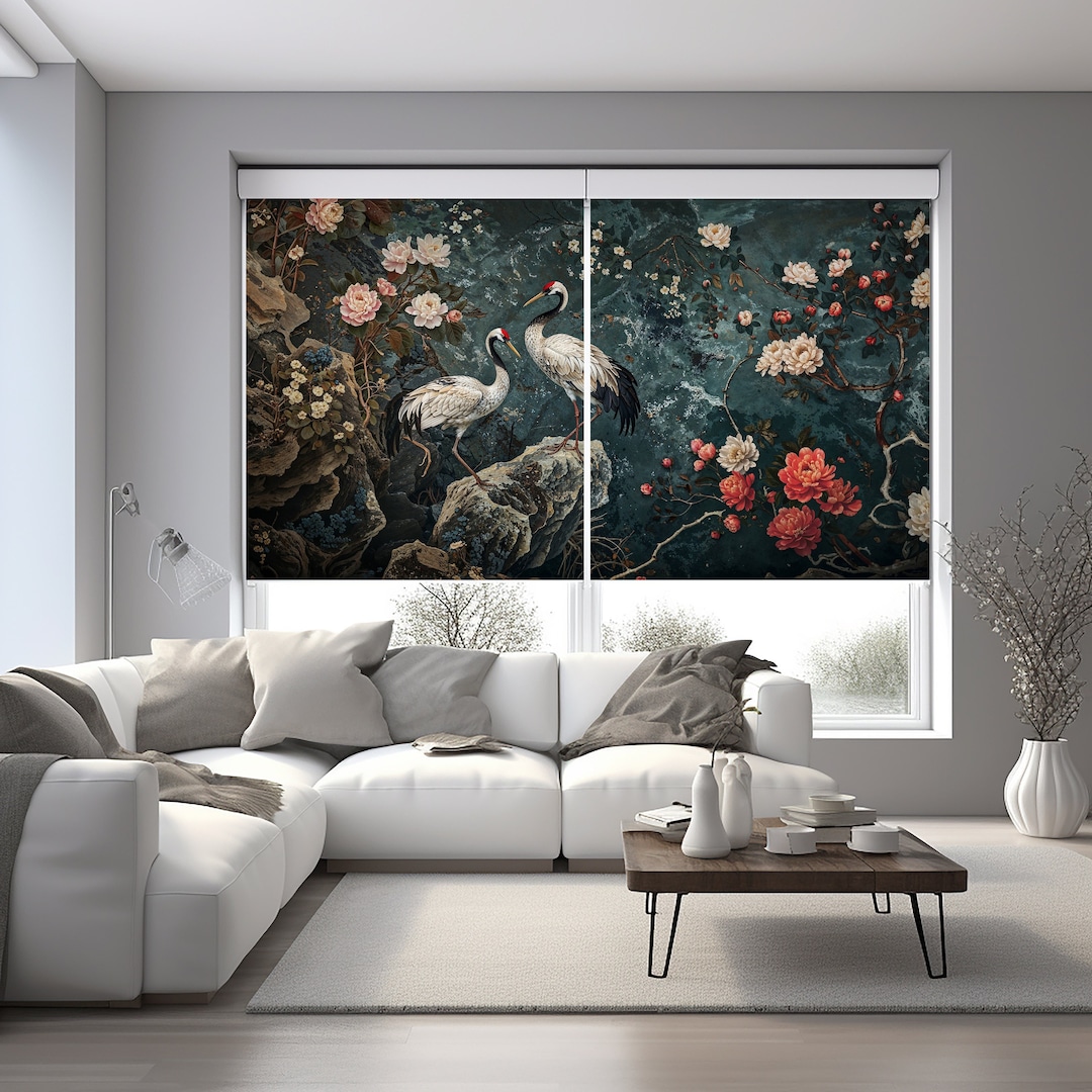 Oriental Crane and Floral Roller Shades for Bay Window, Custom ...