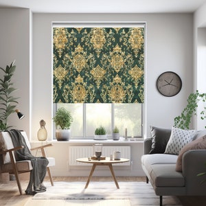 Luxury Green and Gold Damask Roller Shade, Elegant Custom Window Blind, Vintage Style Light ...