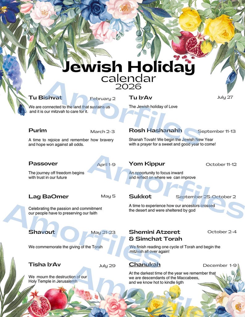 Jewish Holiday Calendar 2026 | Hebrew Year 5786-5784 (digital Download ...