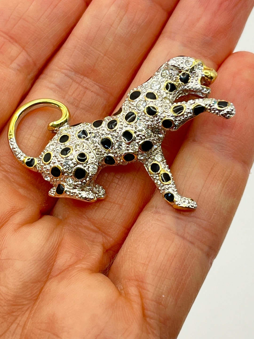Vintage Signed BJ Gold Tone Leopard Brooch Crystal and Black Enamel ...