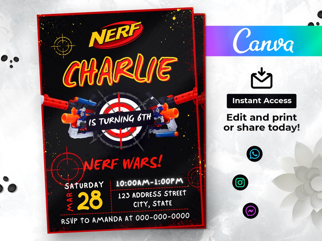 Nerf Wars Birthday Invitation Canva Editable Template 5x7 - Etsy