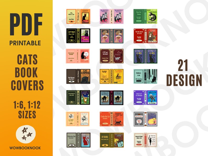 21 Cat Stories Mini Book Covers Printable 1/6, 1/12 Scale Dollshouse ...