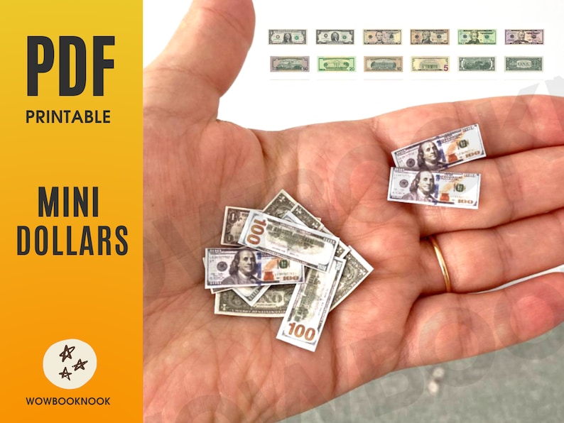 Miniature Money USD Dollar Bills Printable Pdf File for Dollhouse Miniature 1:6 A4 Format ...