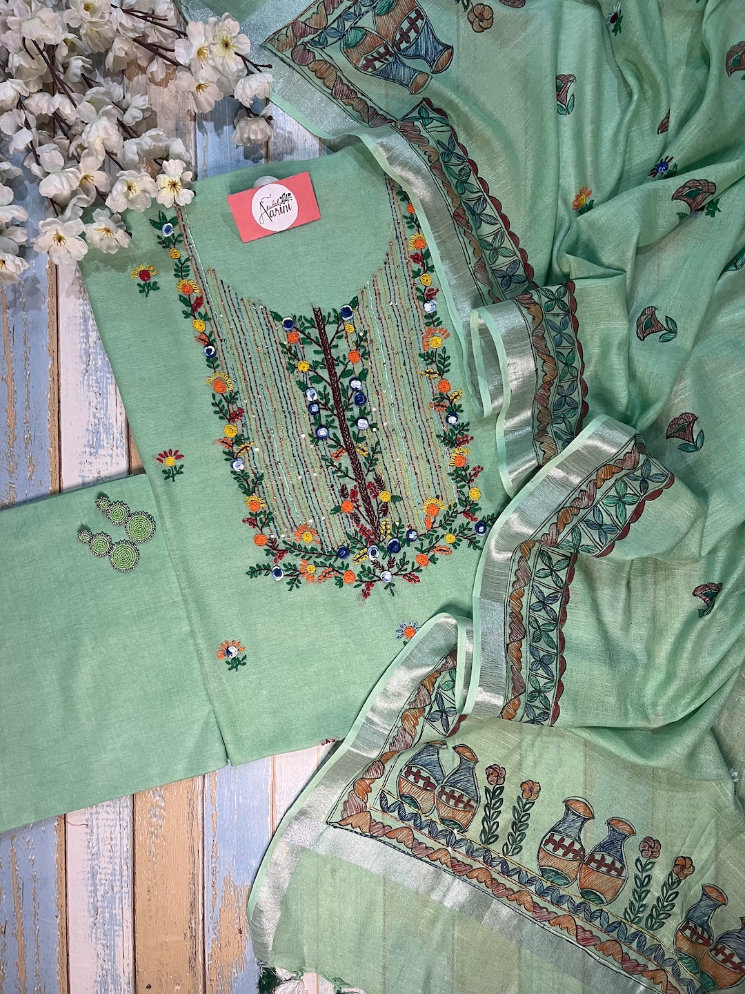 LABEL AARINI Pistachios Colour Pure Linen French Knot and Bullion ...