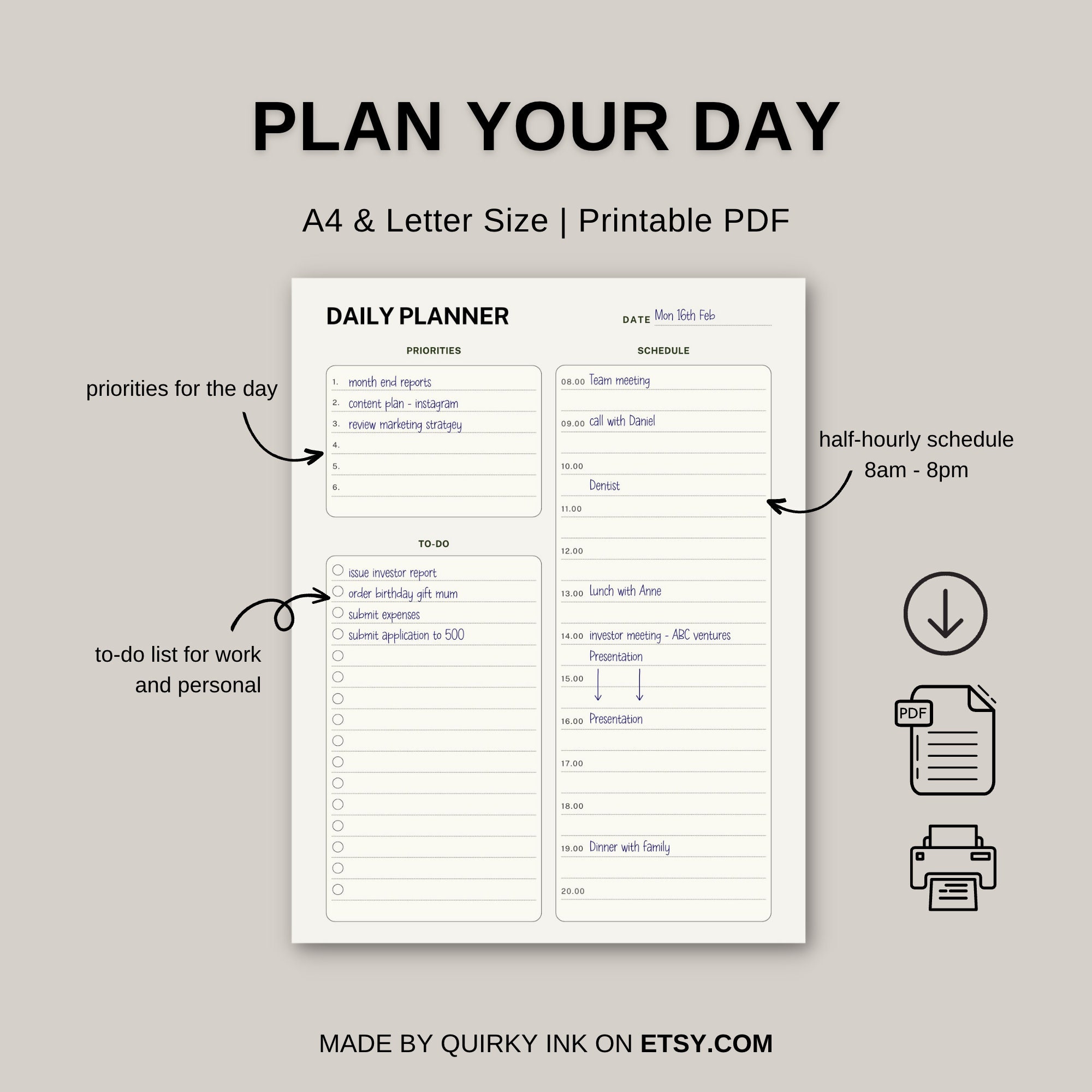 Daily Planner Printable: Productivity Planner, Time Blocking Template ...
