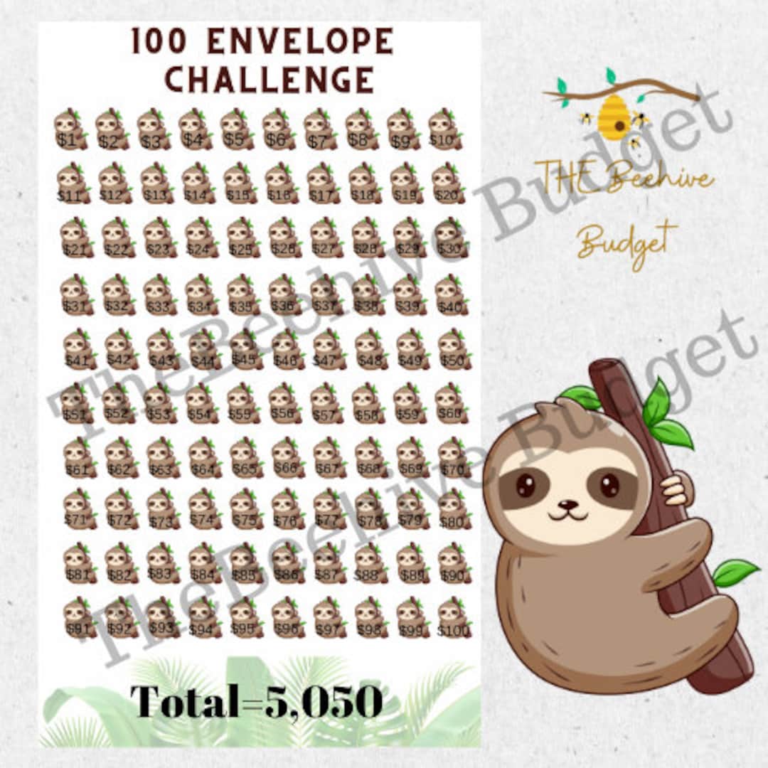 100 Sloth Printable Envelope Challenge, Sinking Fund, Debt Free, Cash ...