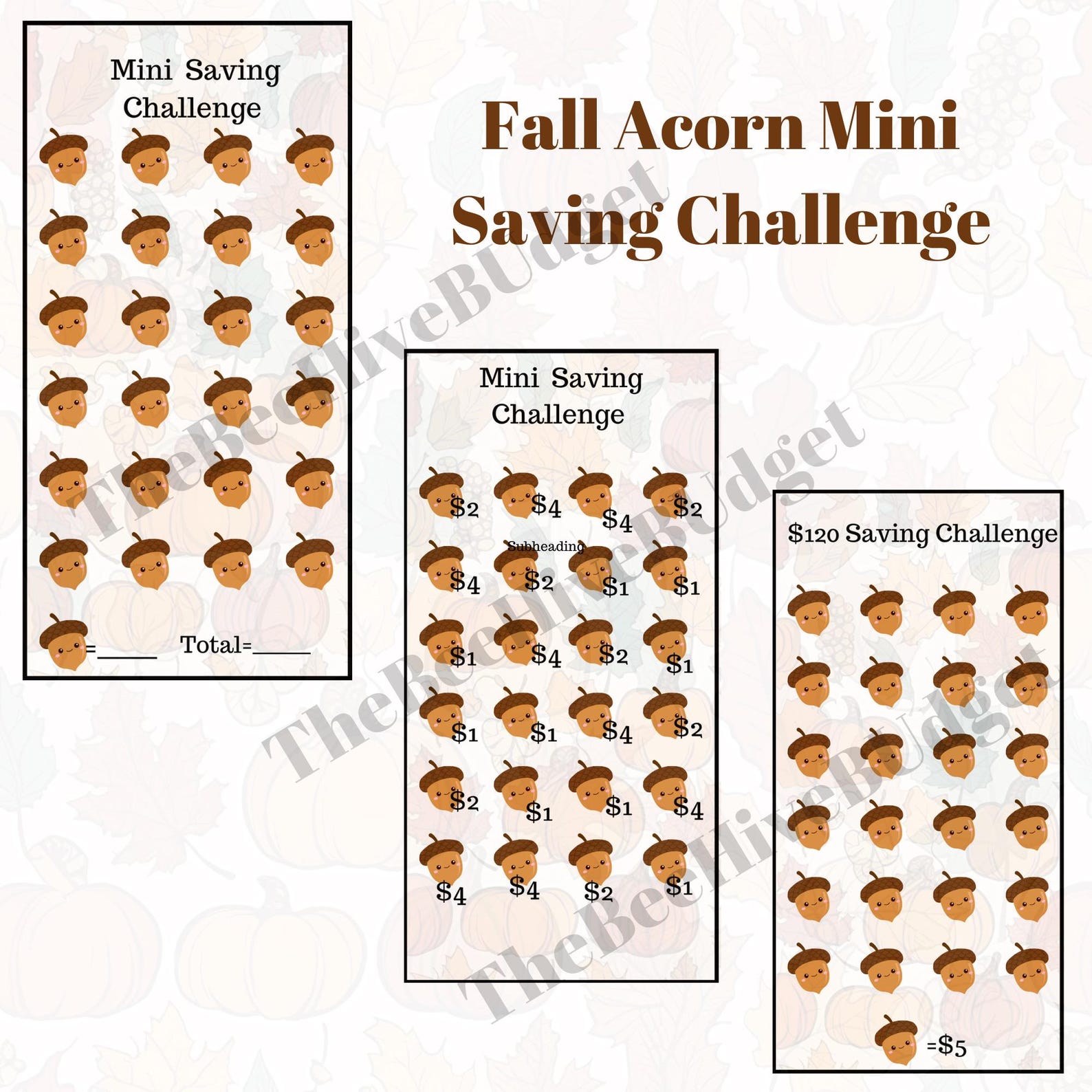 Acorn Mini Saving Challenge Printable Set 3 Different Challenges ...