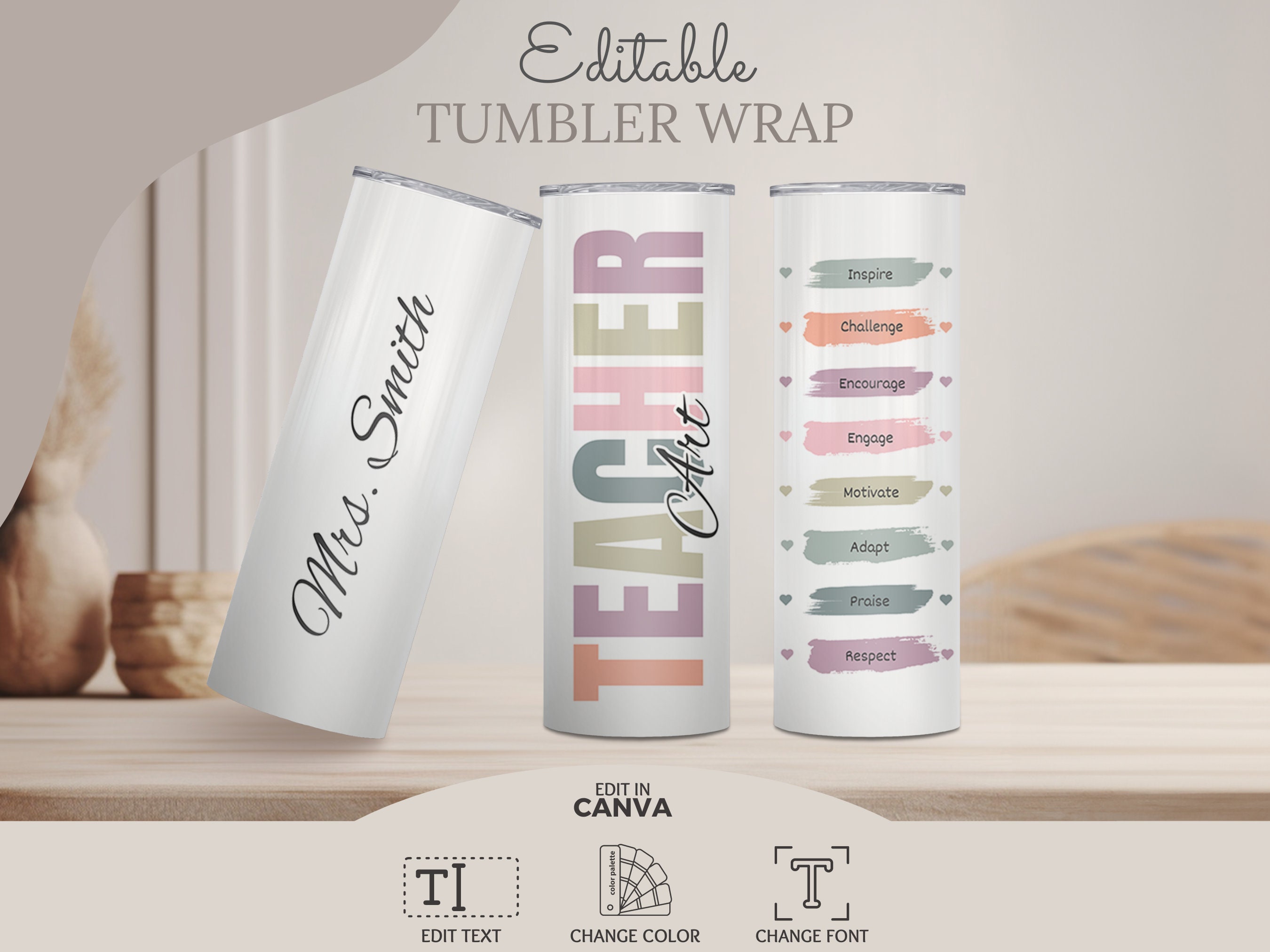 Editable Teacher Tumbler Wrap, Custom Personalized Gift for Teacher ...